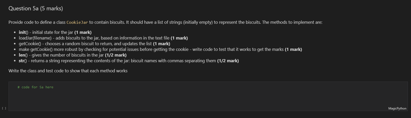 Solved Question 5a (5 marks) Provide code to define a class | Chegg.com