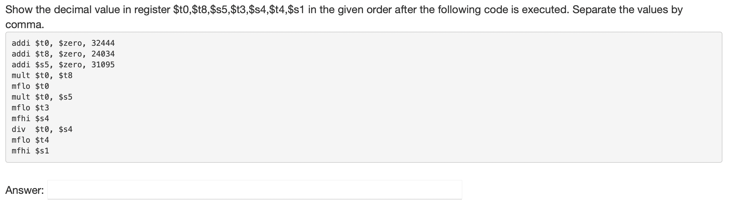 Solved Show the decimal value in register $t0,$t,$ s5,$t3,$ | Chegg.com