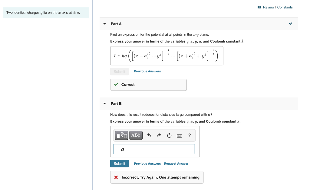Solved MI Review | Constants Two identical charges q lie on | Chegg.com Solved MI Review | Constants Two identical charges q lie on | Chegg.com