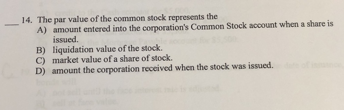 Solved 14. The par value of the common stock represents the | Chegg.com