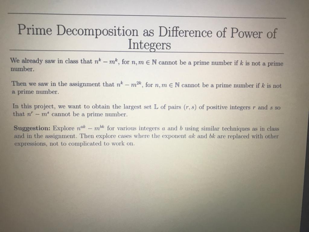 Solved Prime Decomposition as Difference of Power of | Chegg.com