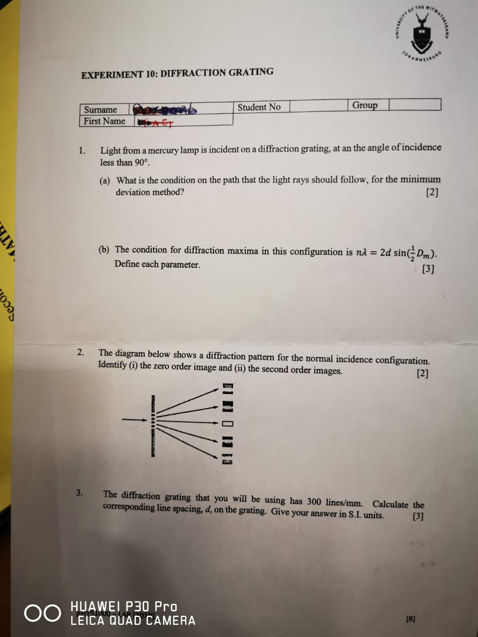 Solved seu EXPERIMENT 10: DIFFRACTION GRATING Student No | Chegg.com