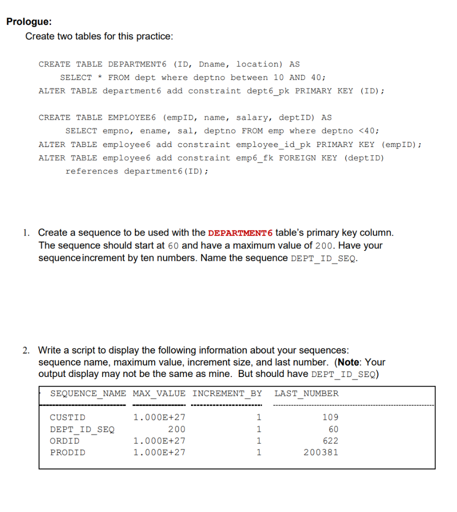 Solved Prologue: Create two tables for this practice: CREATE | Chegg.com Solved Prologue: Create two tables for this practice: CREATE | Chegg.com