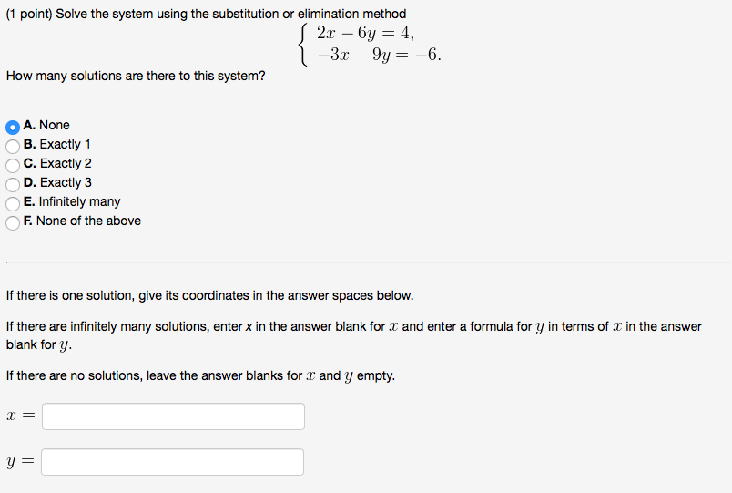 Solved (1 point) Solve the system using the substitution or | Chegg.com