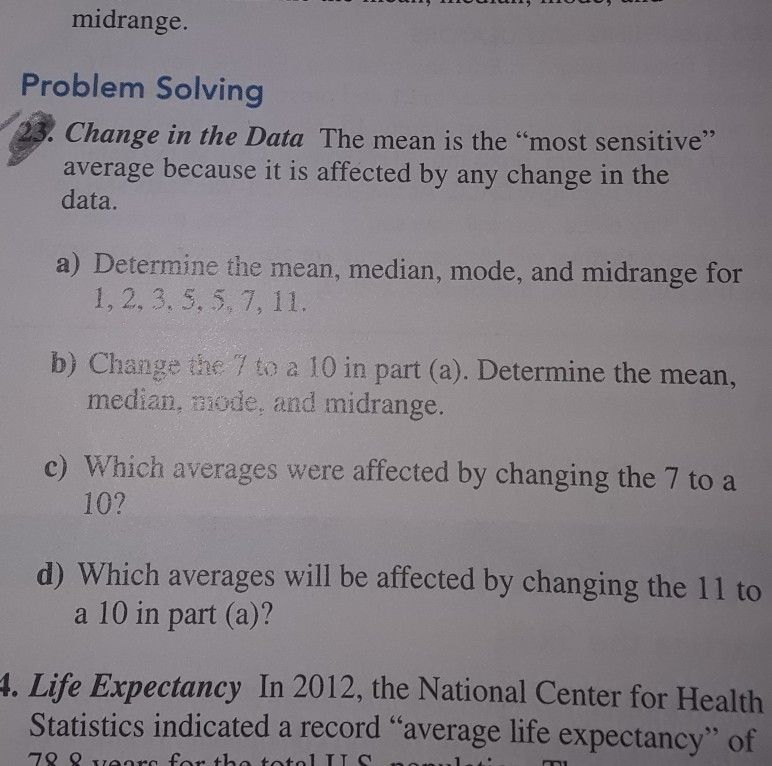 Solved midrange. Problem Solving 23. Change in the Data The | Chegg.com