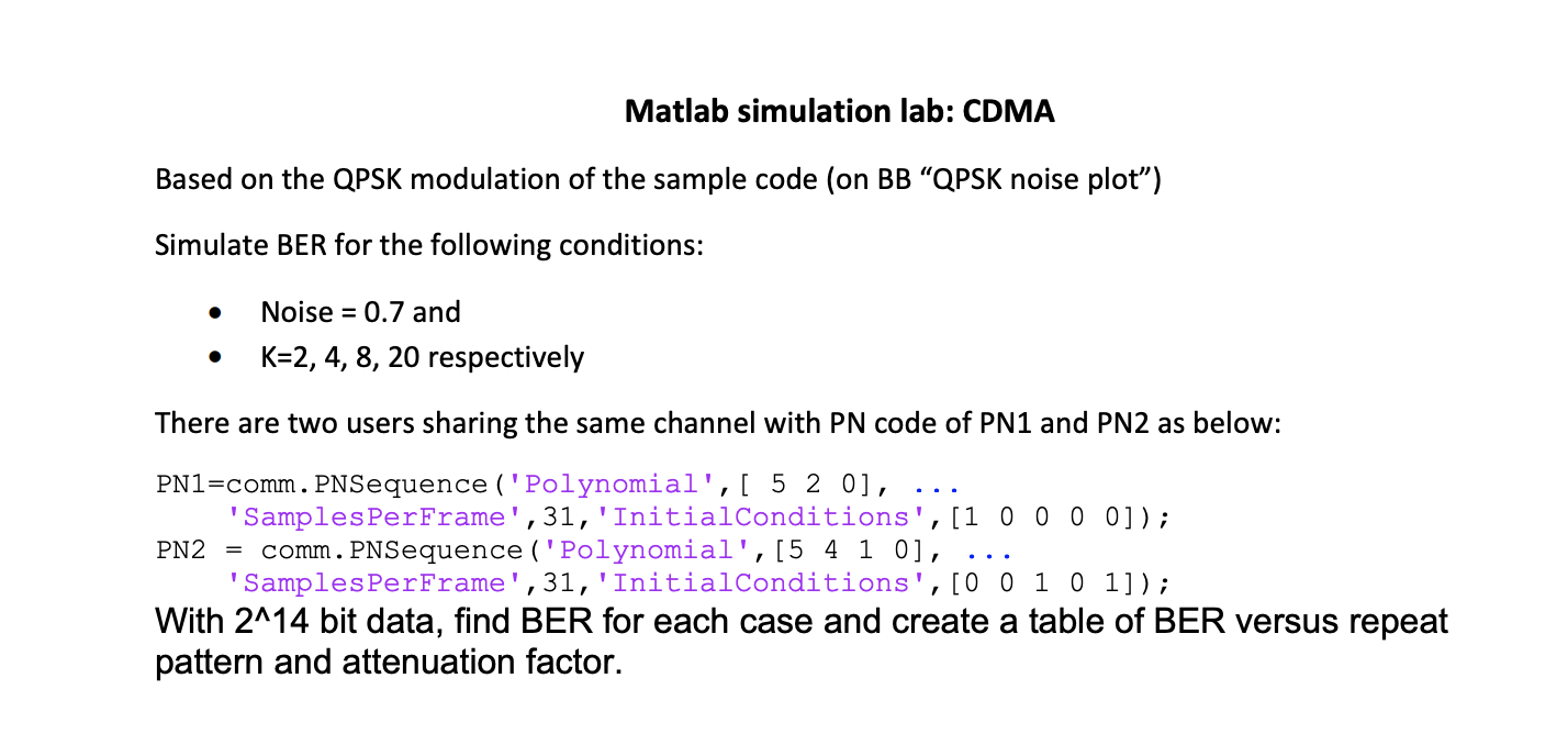 Matlab simulation lab: CDMA Based on the QPSK | Chegg.com
