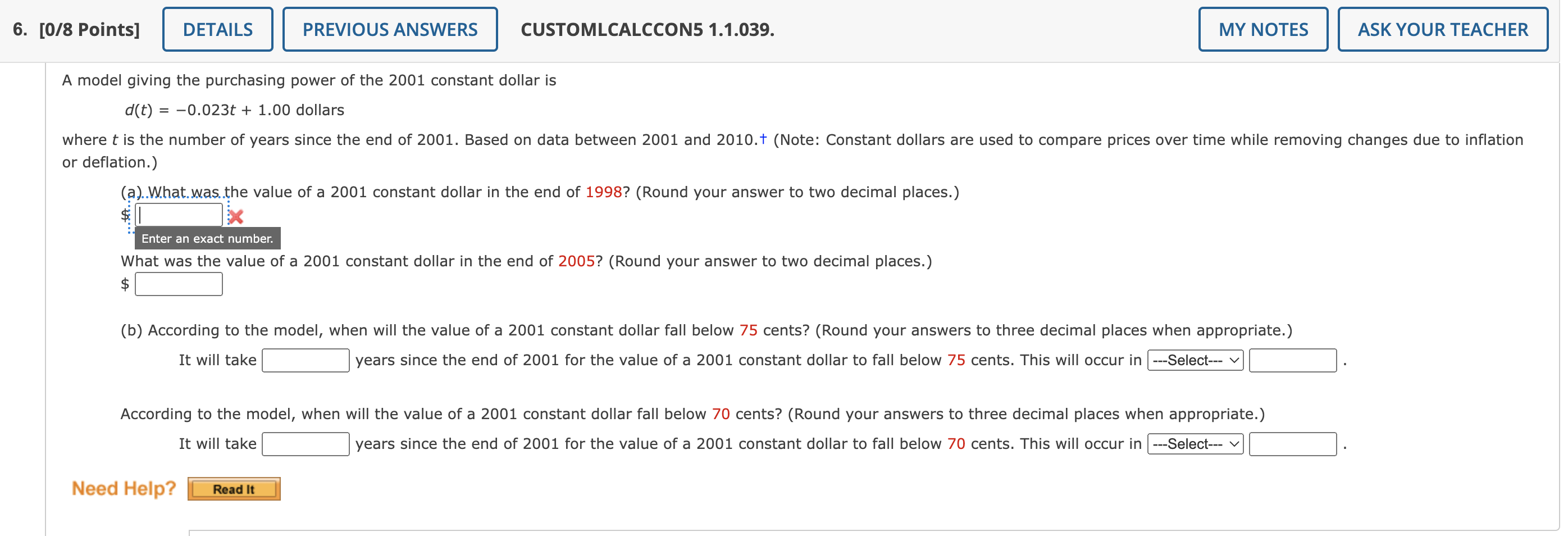 Solved A model giving the purchasing power of the 2001 | Chegg.com