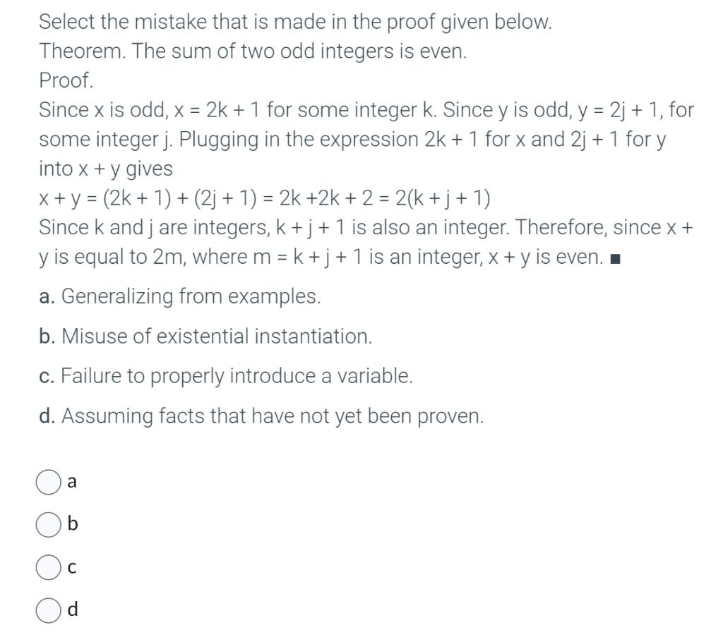 Solved Select the mistake that is made in the proof given | Chegg.com