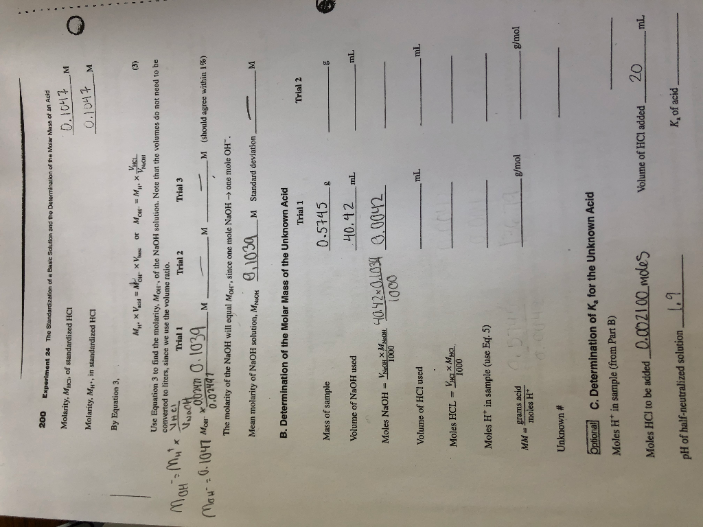 Experiment 24 Data and Calculations: The | Chegg.com