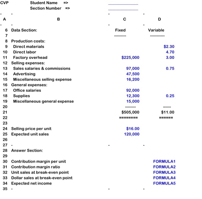 Solved Student Name> Section Number > CVP 6 Data Section | Chegg.com