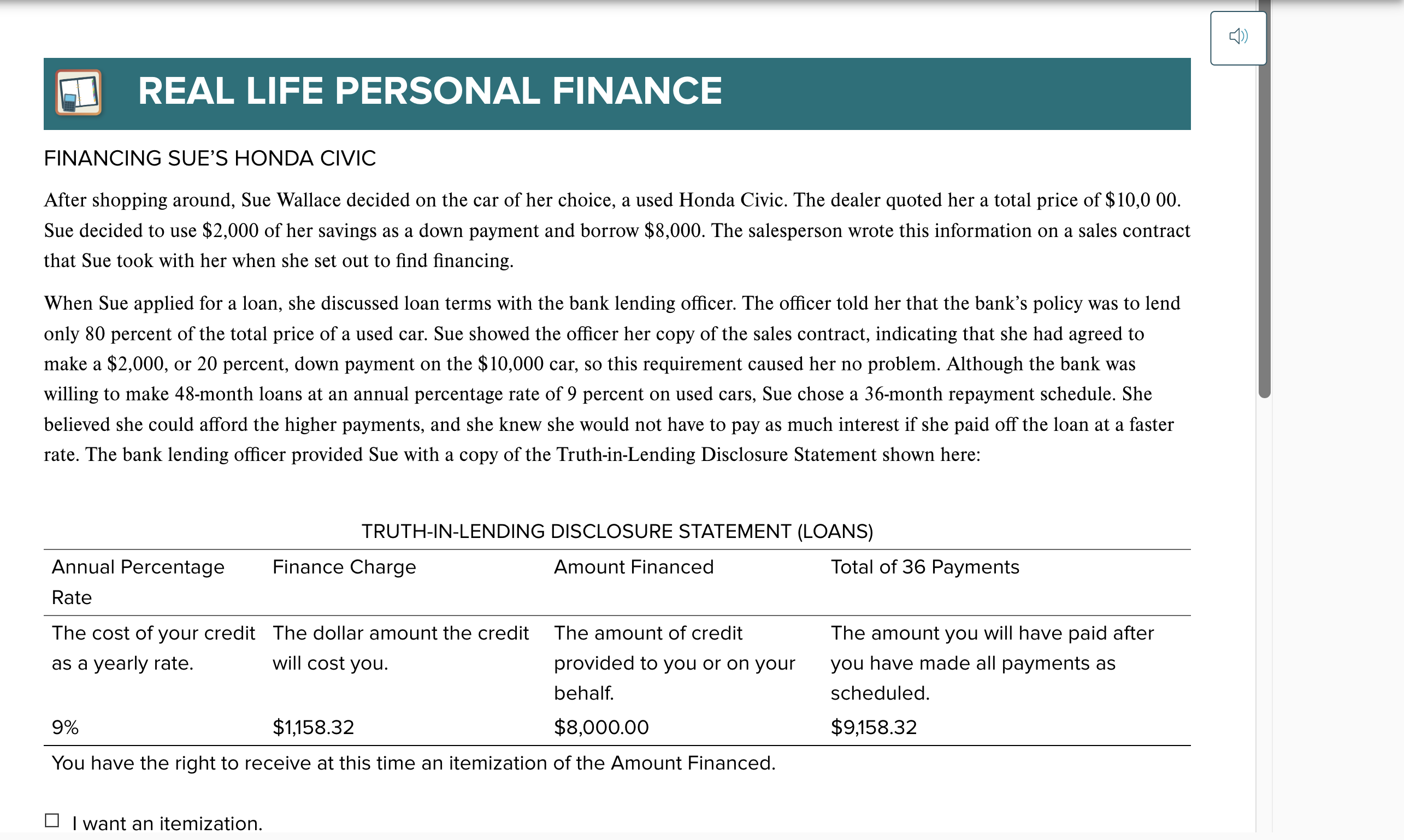 Solved REAL LIFE PERSONAL FINANCE FINANCING SUE'S HONDA | Chegg.com
