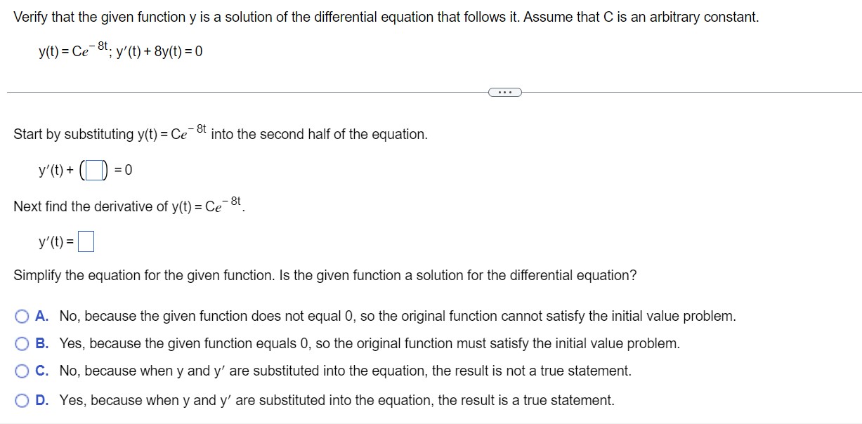 Solved \\[ \\mathrm{y}(\\mathrm{t})=\\mathrm{C} e^{-8 | Chegg.com