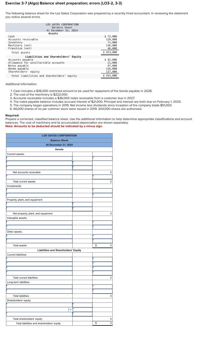 Solved Exercise 3-7 (Algo) ﻿Balance sheet preparation; | Chegg.com