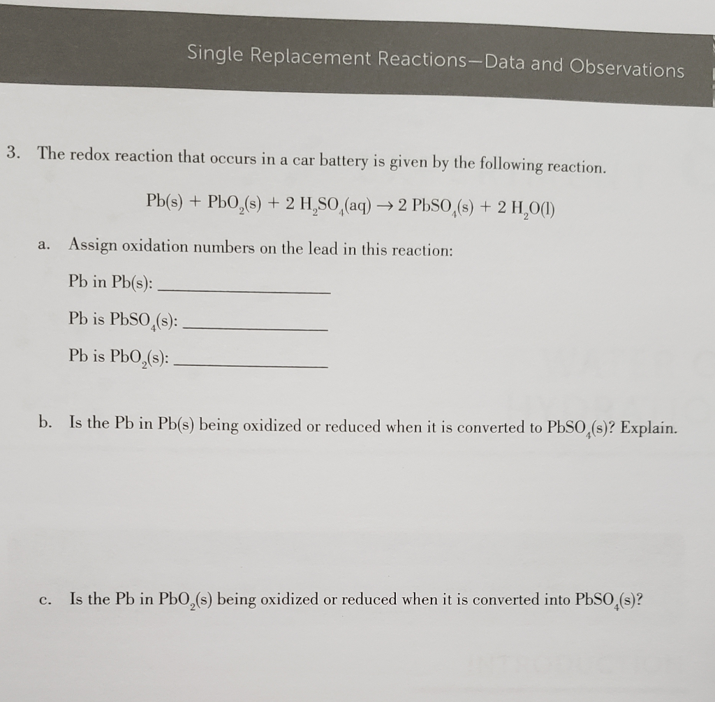 Solved Single Replacement Reactions-Data and Observations 3. | Chegg.com
