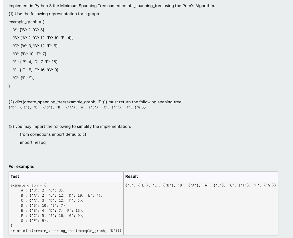 Solved Implement in Python 3 the Minimum Spanning Tree | Chegg.com