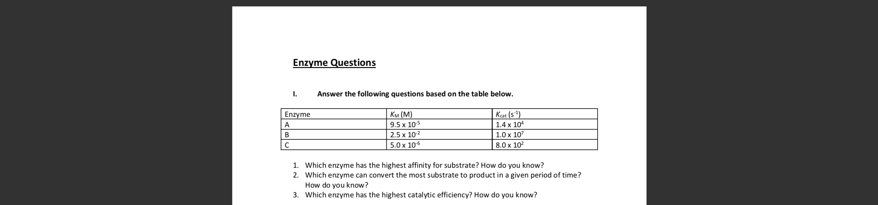 Solved Enzyme Questions 1. Answer the following questions | Chegg.com