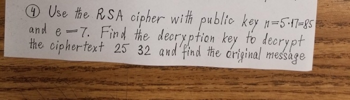 Solved Use the RSA cipher with public key -17-85 and e 7. | Chegg.com