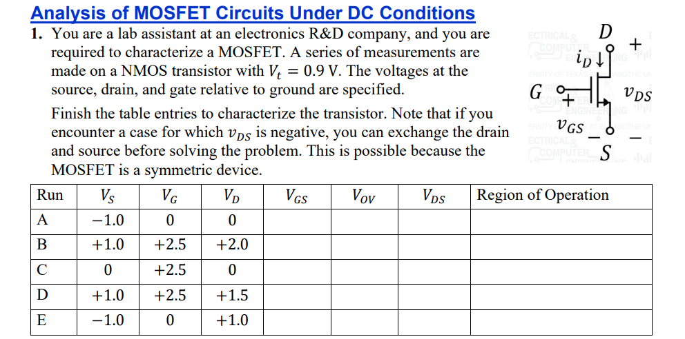 Solved Analysis of MOSFET Circuits Under DC Conditions 1. | Chegg.com