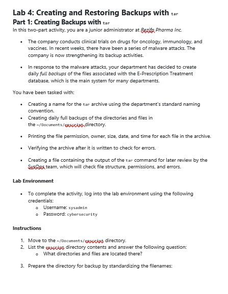 Solved Lab 4: Creating and Restoring Backups with tar Part | Chegg.com