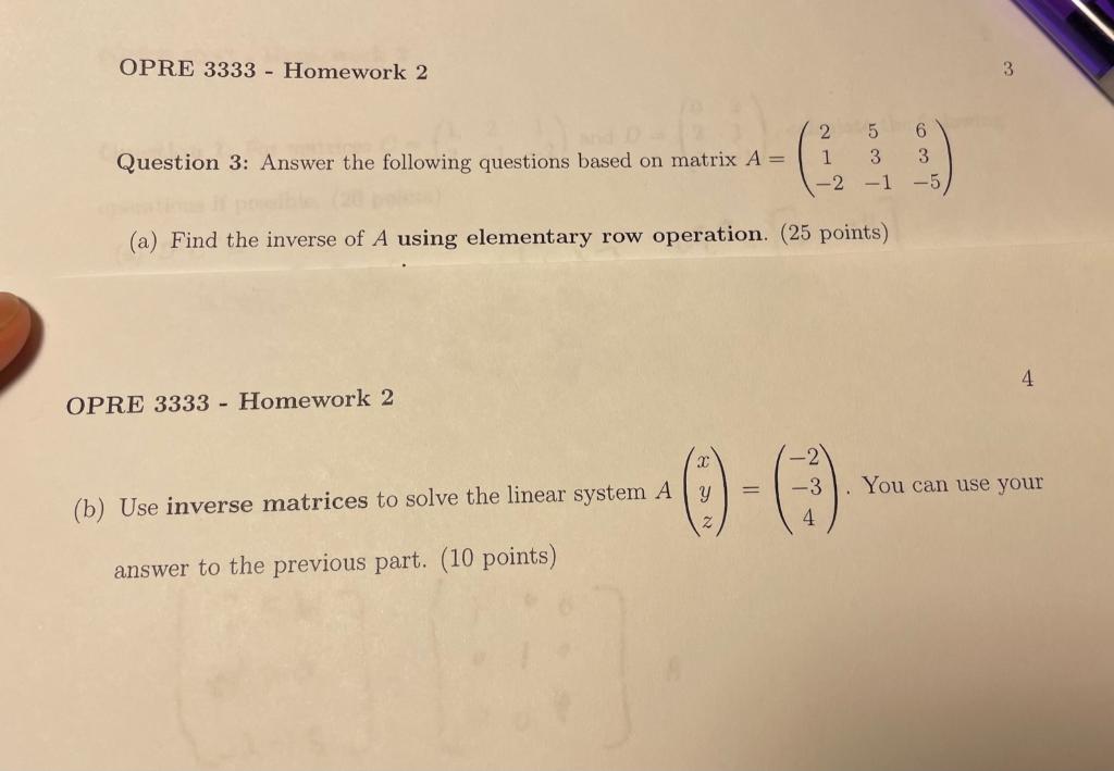 Solved OPRE 3333 - Homework 2 3 Question 3: Answer the | Chegg.com