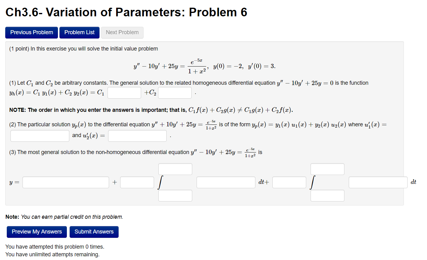 Solved Ch3.6- Variation of Parameters: Problem 6 Previous | Chegg.com