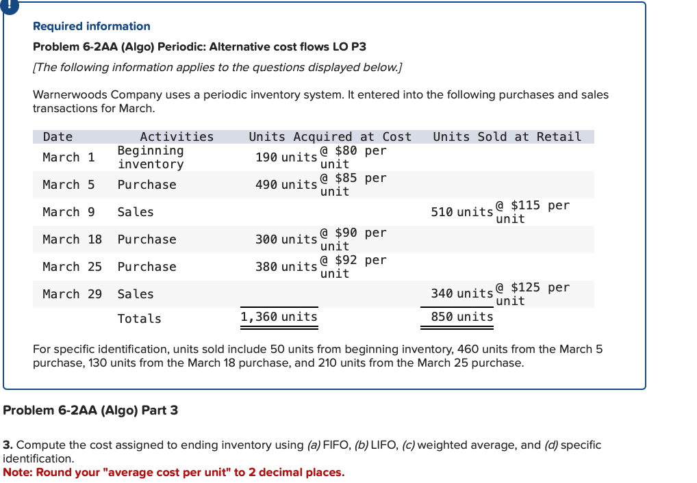 Solved Required information Problem 6-2AA (Algo) Periodic: | Chegg.com