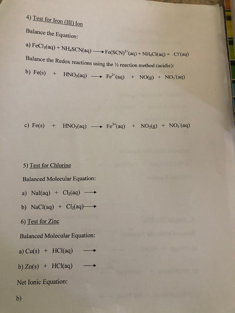Solved 4) Test for Iron (III) Ion Balance the Equation: a) + | Chegg.com