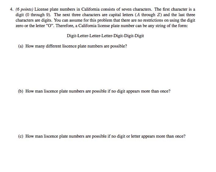 Solved 4. (6 points) License plate numbers in California | Chegg.com