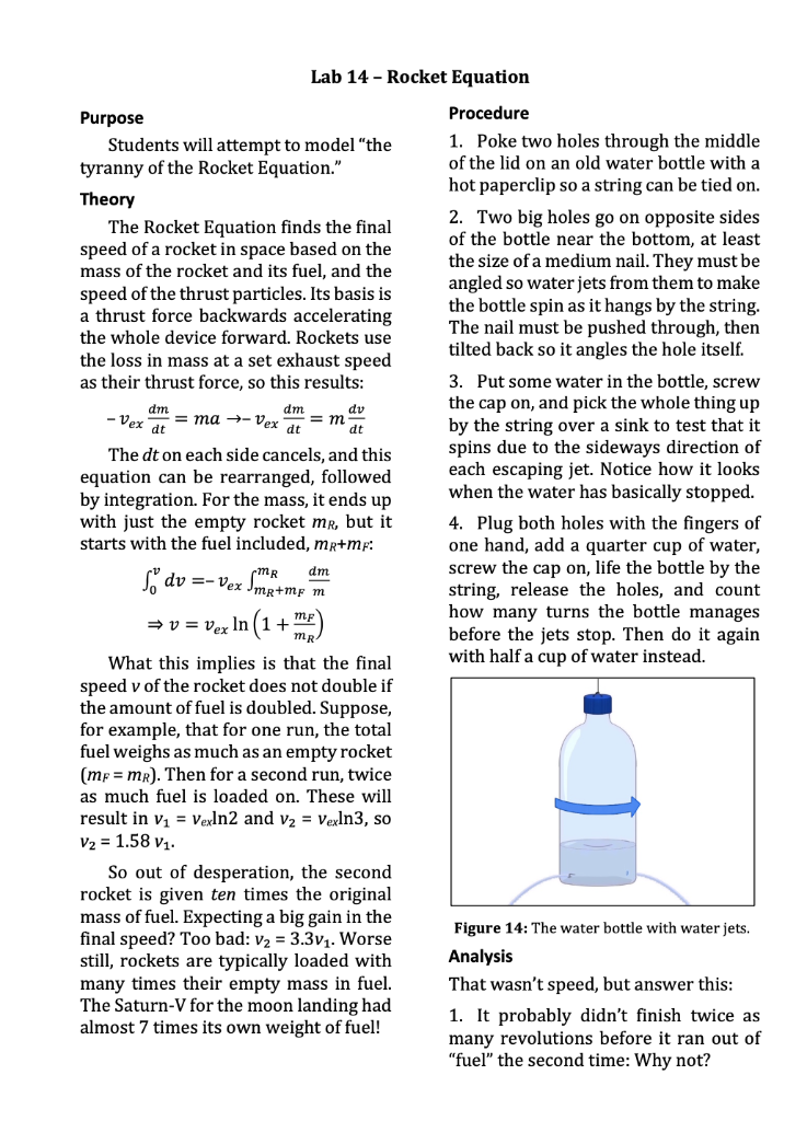 Lab 14 - Rocket Equation Purpose Procedure Students | Chegg.com