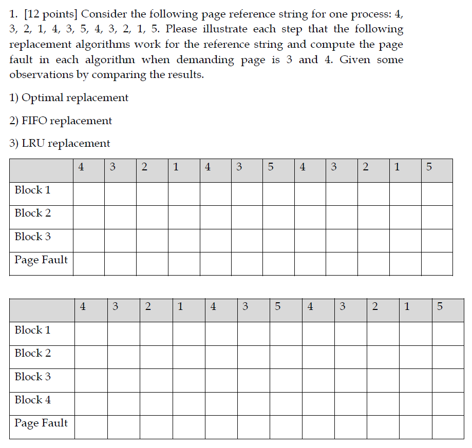 Solved 1. [12 points] Consider the following page reference | Chegg.com