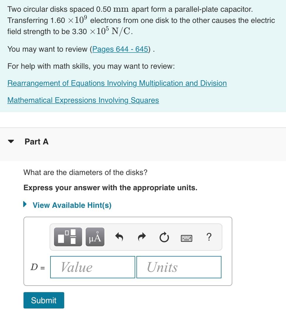 Solved Two circular disks spaced 0.50 mm apart form a | Chegg.com