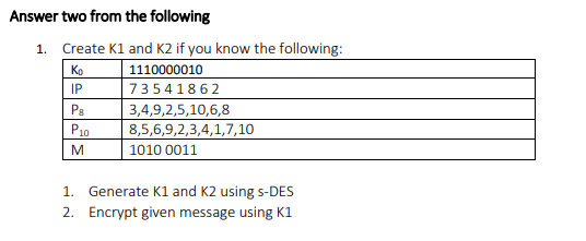 Solved Answer two from the following 1. Create K1 and K2 if | Chegg.com