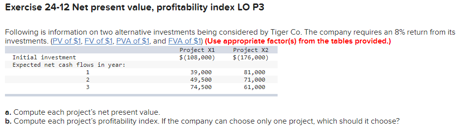 Solved Exercise 24-12 Net present value, profitability index | Chegg.com