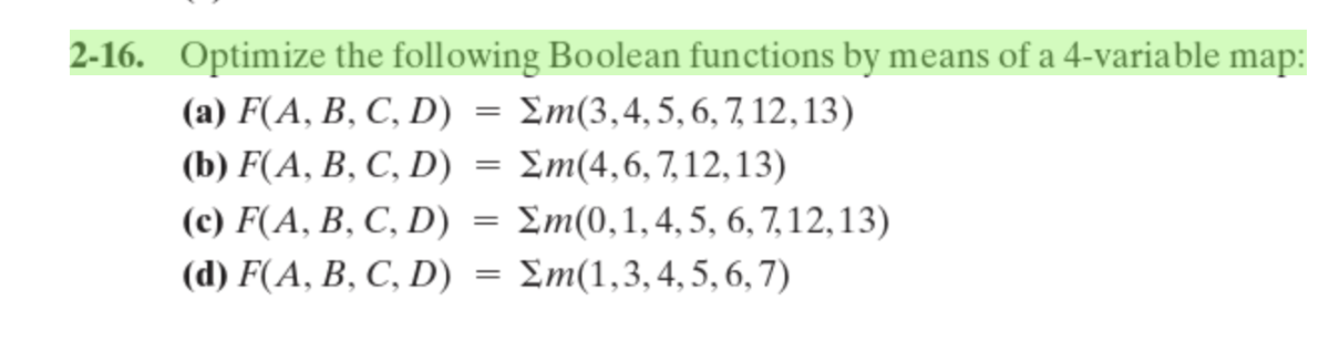 2-16. Optimize the following Boolean functions by | Chegg.com