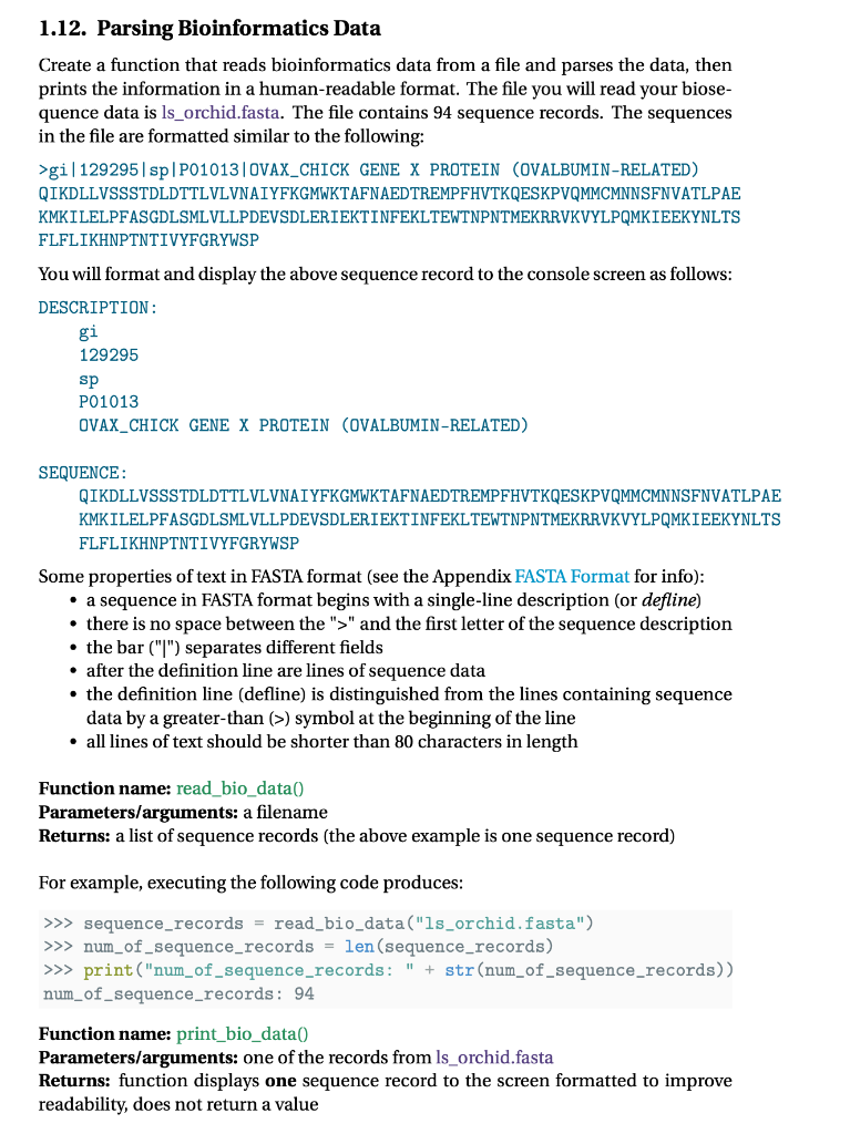 1.12. Parsing Bioinformatics Data Create a function | Chegg.com 1.12. Parsing Bioinformatics Data Create a function | Chegg.com