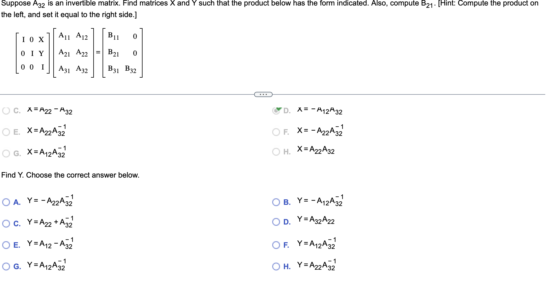 Solved Suppose A32 is an invertible matrix. Find matrices X | Chegg.com