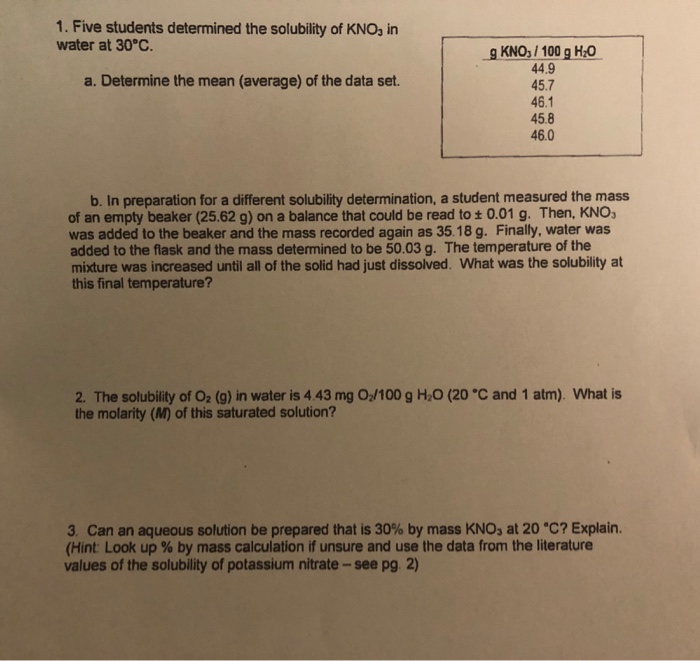 Solved 1. Five students determined the solubility of KNO,in | Chegg.com