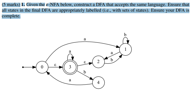 Solved (5 marks) 1. Given the ε-NFA below, construct a DFA | Chegg.com