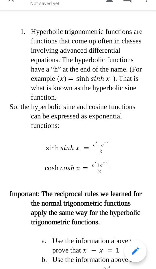 Not saved yet 1. Hyperbolic trigonometric functions | Chegg.com
