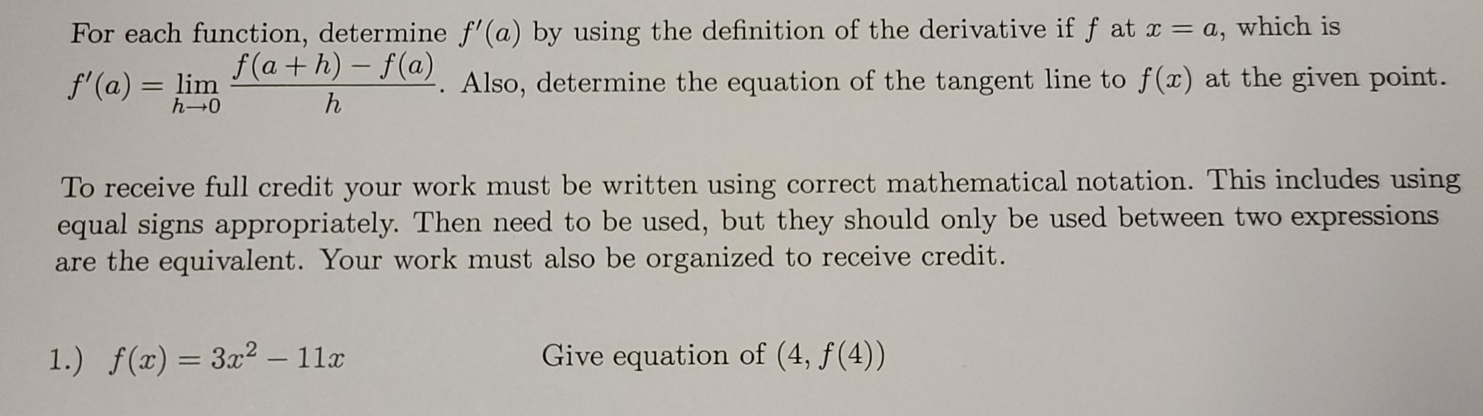 Solved For each function, determine f'(a) by using the | Chegg.com
