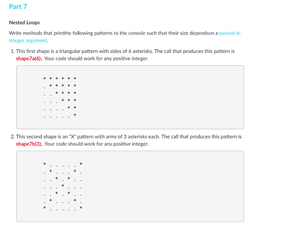 Solved Part 7 Nested Loops Write methods that printthe | Chegg.com