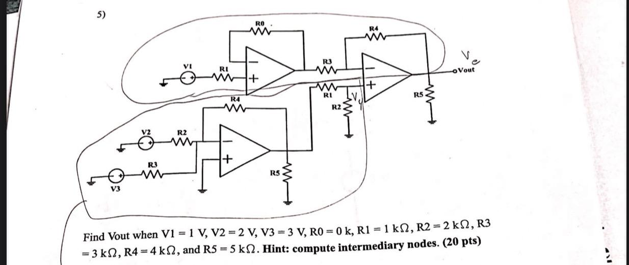 Solved 5) RO R4 w v R3 RI Vout + + R4 RS w RI R2 R2 R3 RS V3 | Chegg.com