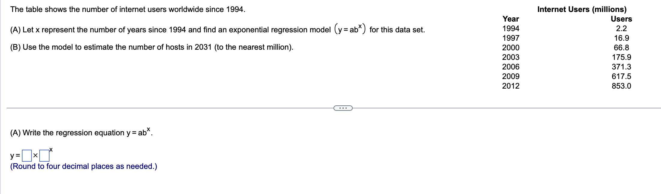Solved The table shows the number of internet users | Chegg.com