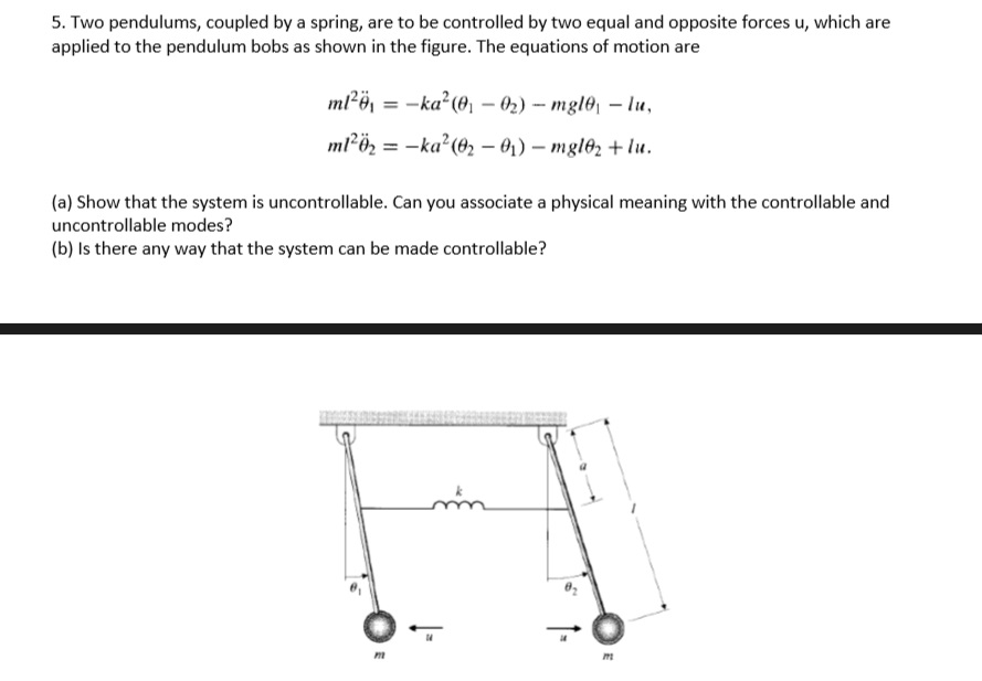 Solved 5. Two pendulums, coupled by a spring, are to be | Chegg.com