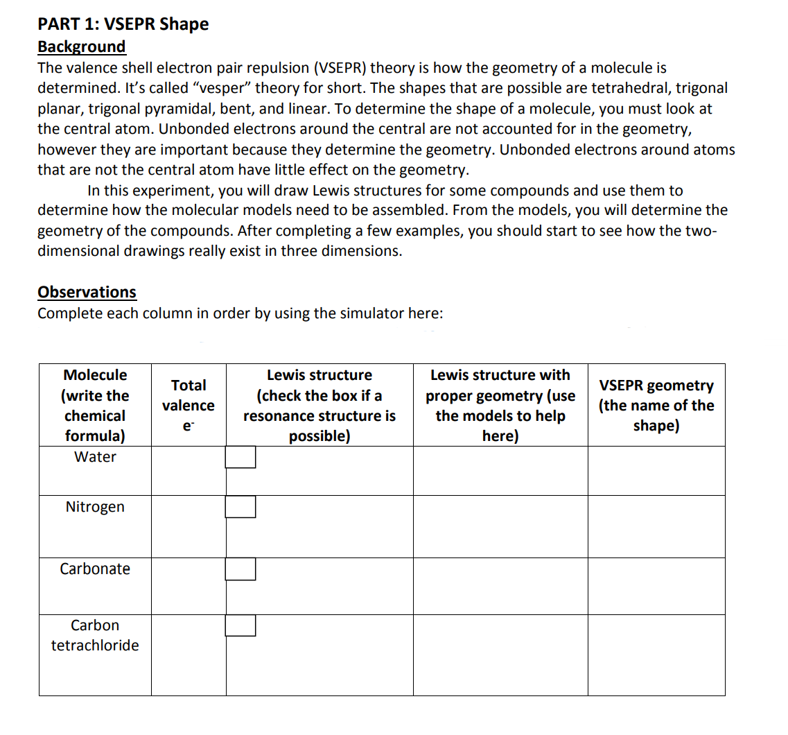 Solved PART 1: VSEPR Shape Background The valence shell | Chegg.com