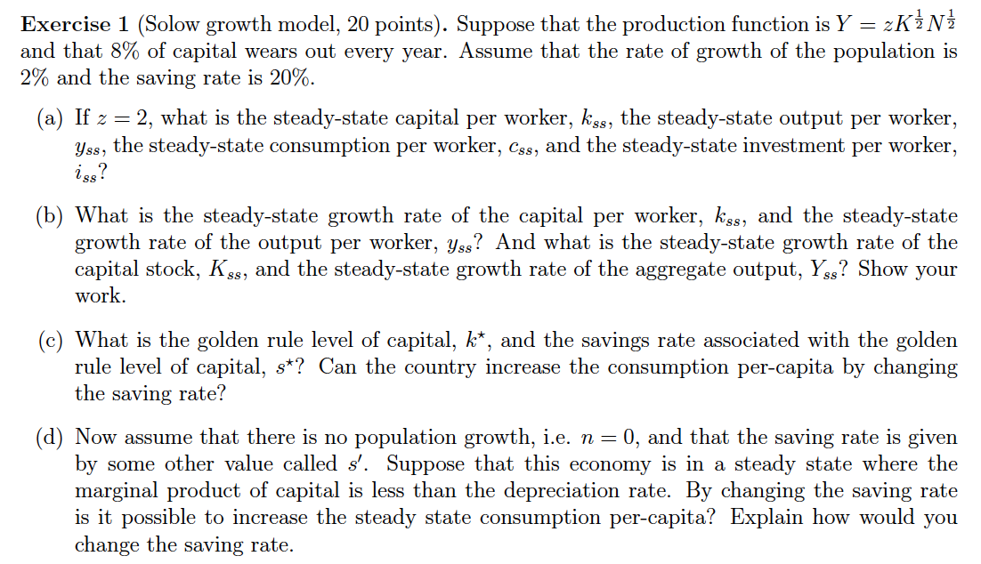 Solved Exercise 1 (Solow growth model, 20 points). Suppose | Chegg.com