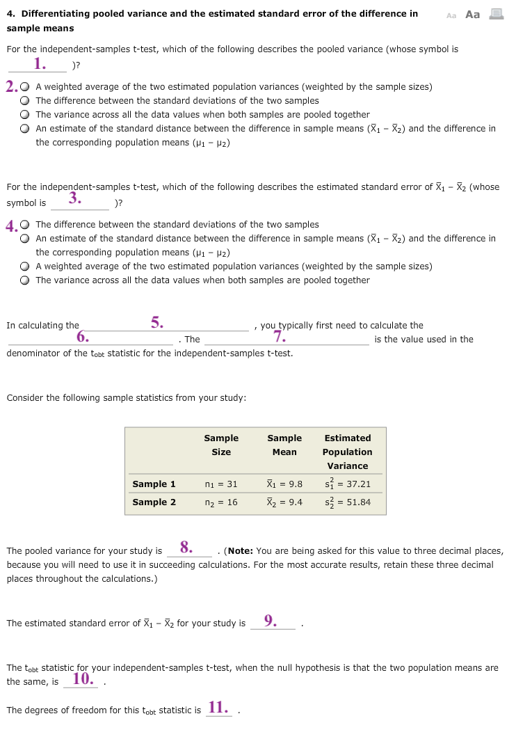Solved Aa Aa E 4. Differentiating pooled variance and the | Chegg.com Solved Aa Aa E 4. Differentiating pooled variance and the | Chegg.com