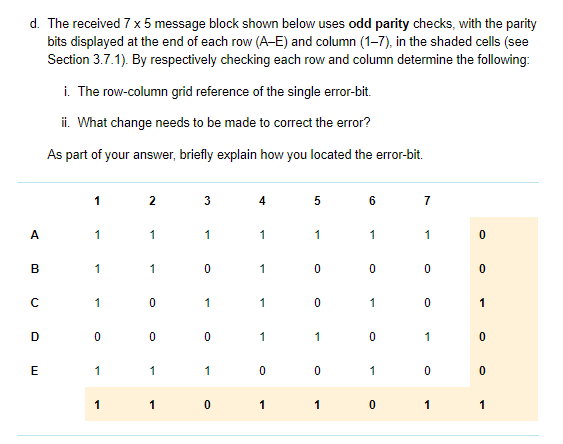 Solved d. The received 7 x 5 message block shown below uses | Chegg.com