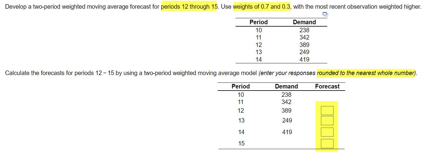 Solved Develop a two-period weighted moving average forecast | Chegg.com