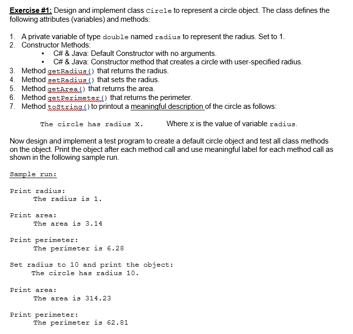 Solved Exercise #1: Design and implement class circle to | Chegg.com